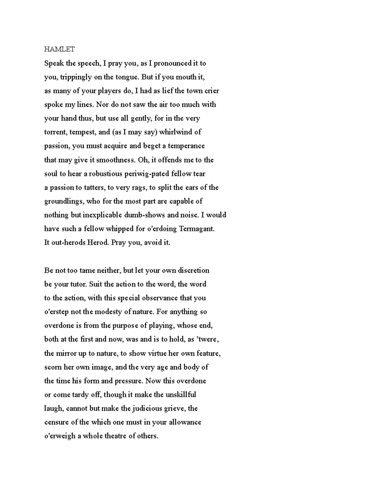 Hamlet's Advice To The Players - HAMLET Speak the speech, I pray you ...