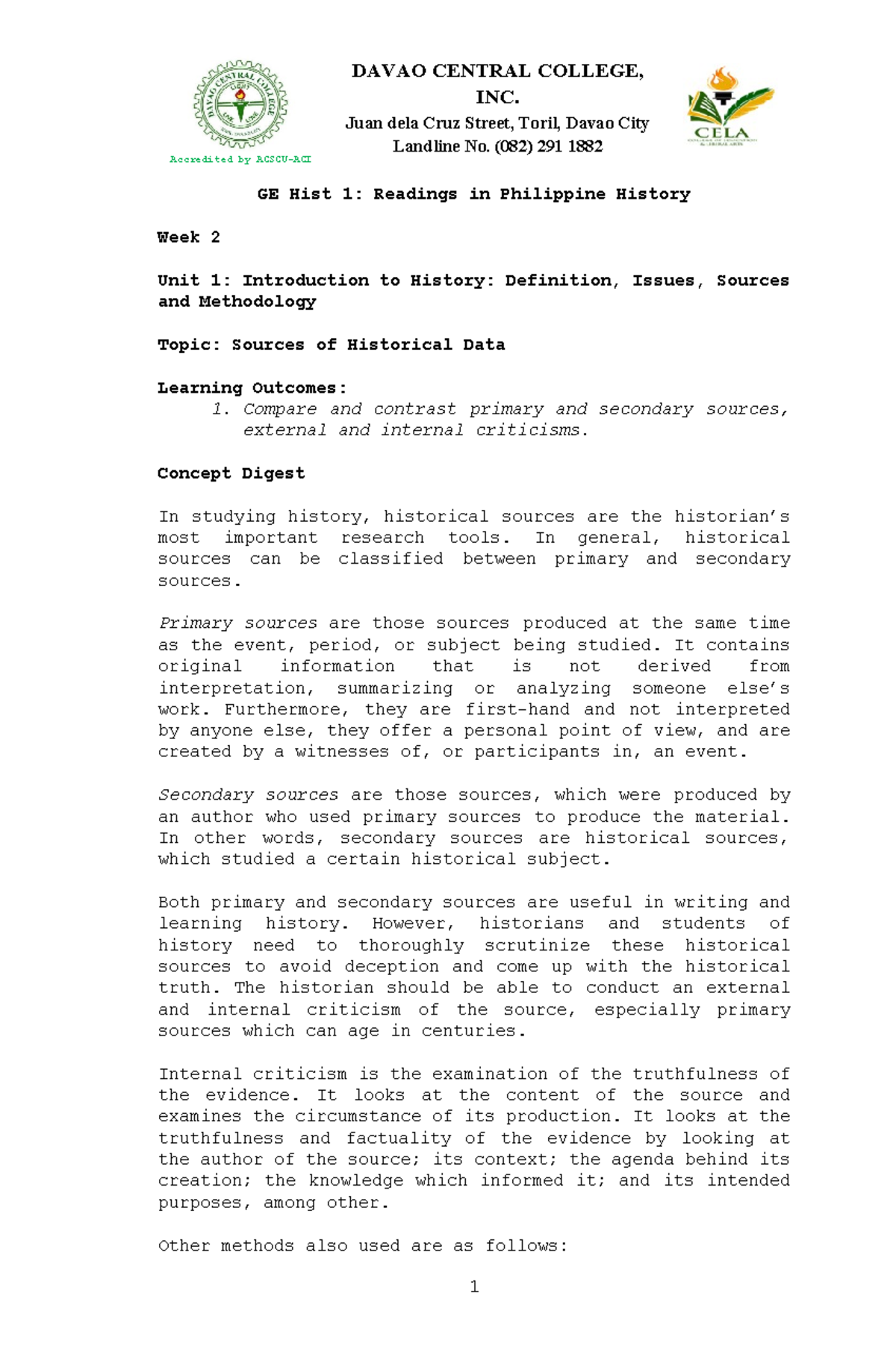 Week-2 - Accredited by ACSCU-ACI DAVAO CENTRAL COLLEGE, INC. Juan dela ...