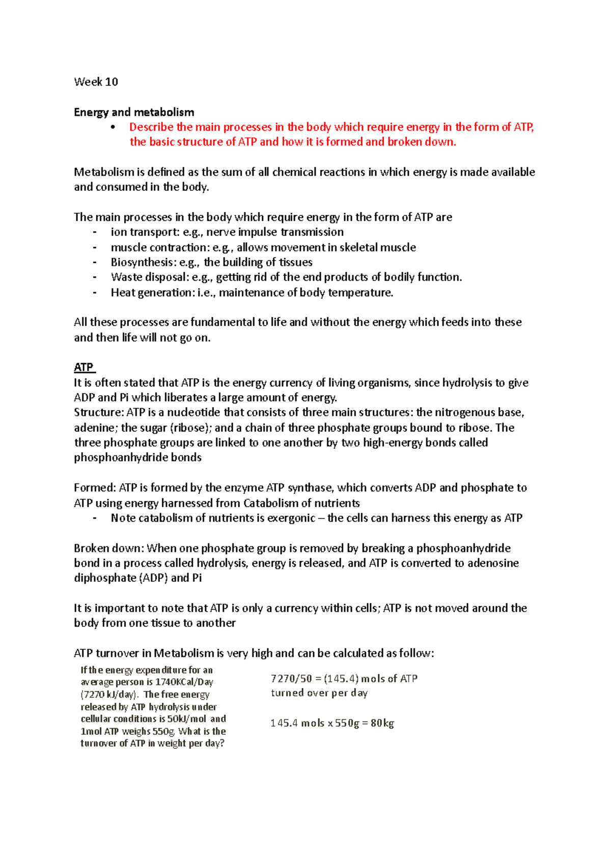 Week 10 - week10 summary notes - Week 10 Energy and metabolism Describe ...