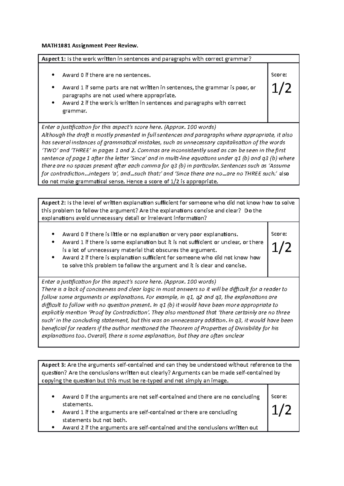 MATH1081 Assignment Peer Review - Template - MATH1081 Assignment Peer Review. Aspect 1: Is the ...