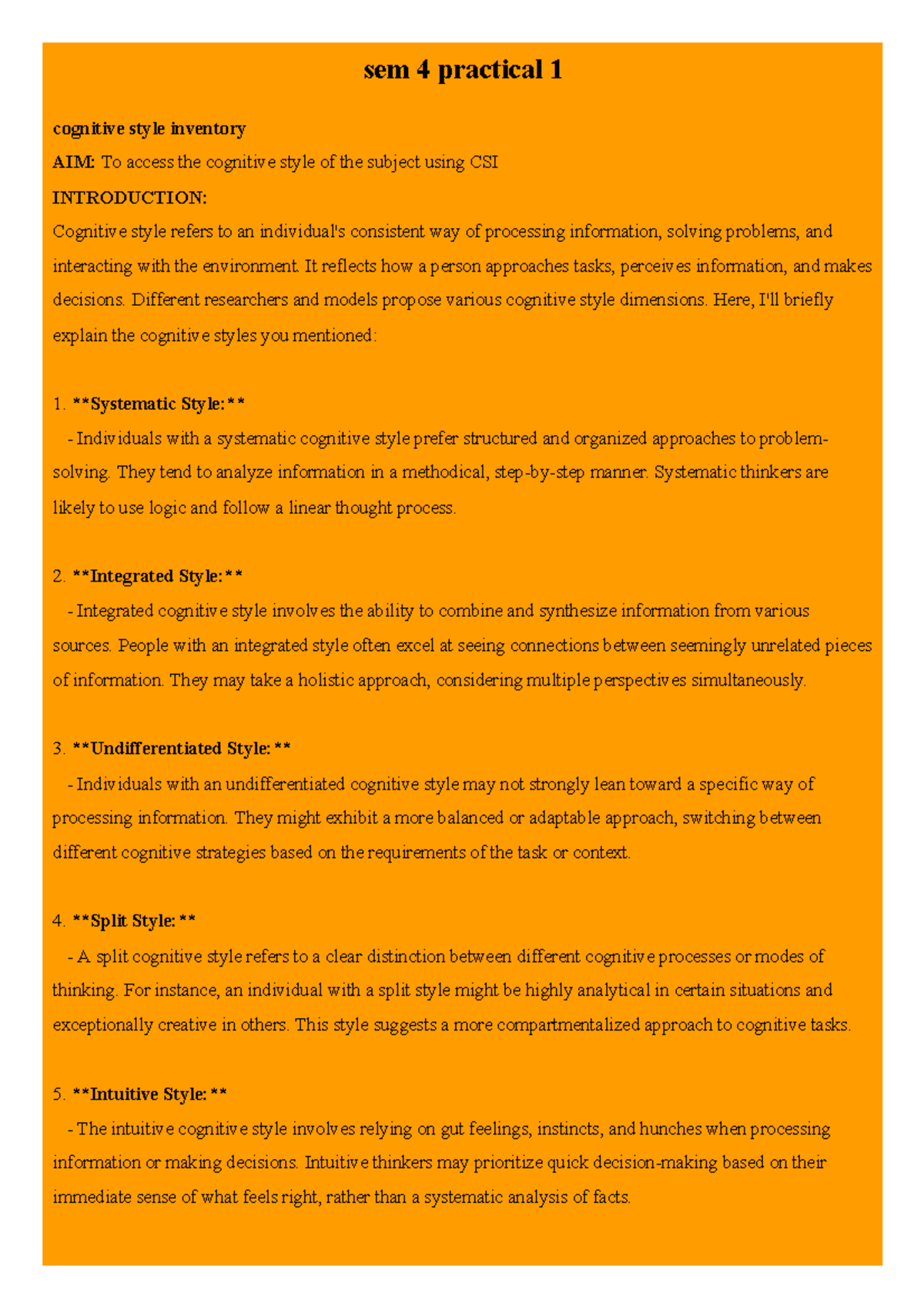 Sem 4 practical 1 - sem 4 practical 1 cognitive style inventory AIM: To ...