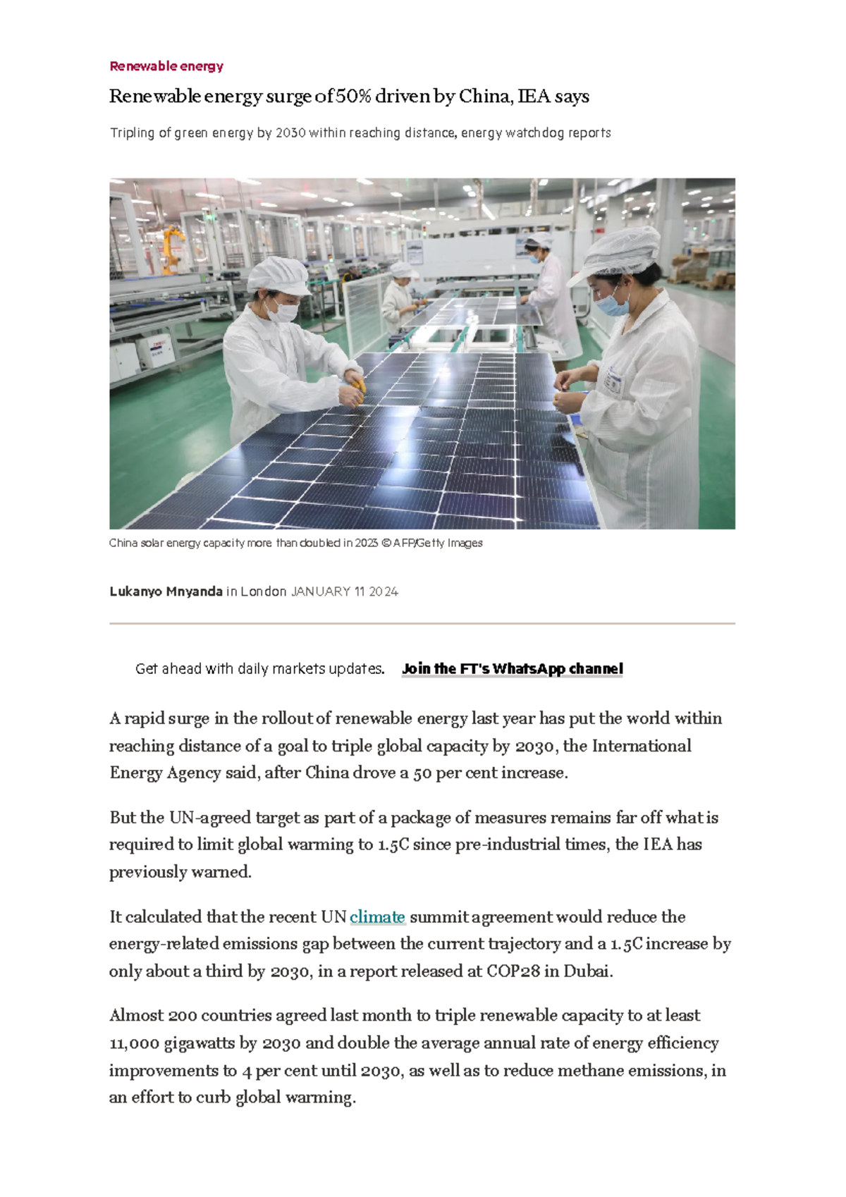 Renewable energy surge of 50% driven by China, IEA says - China solar ...