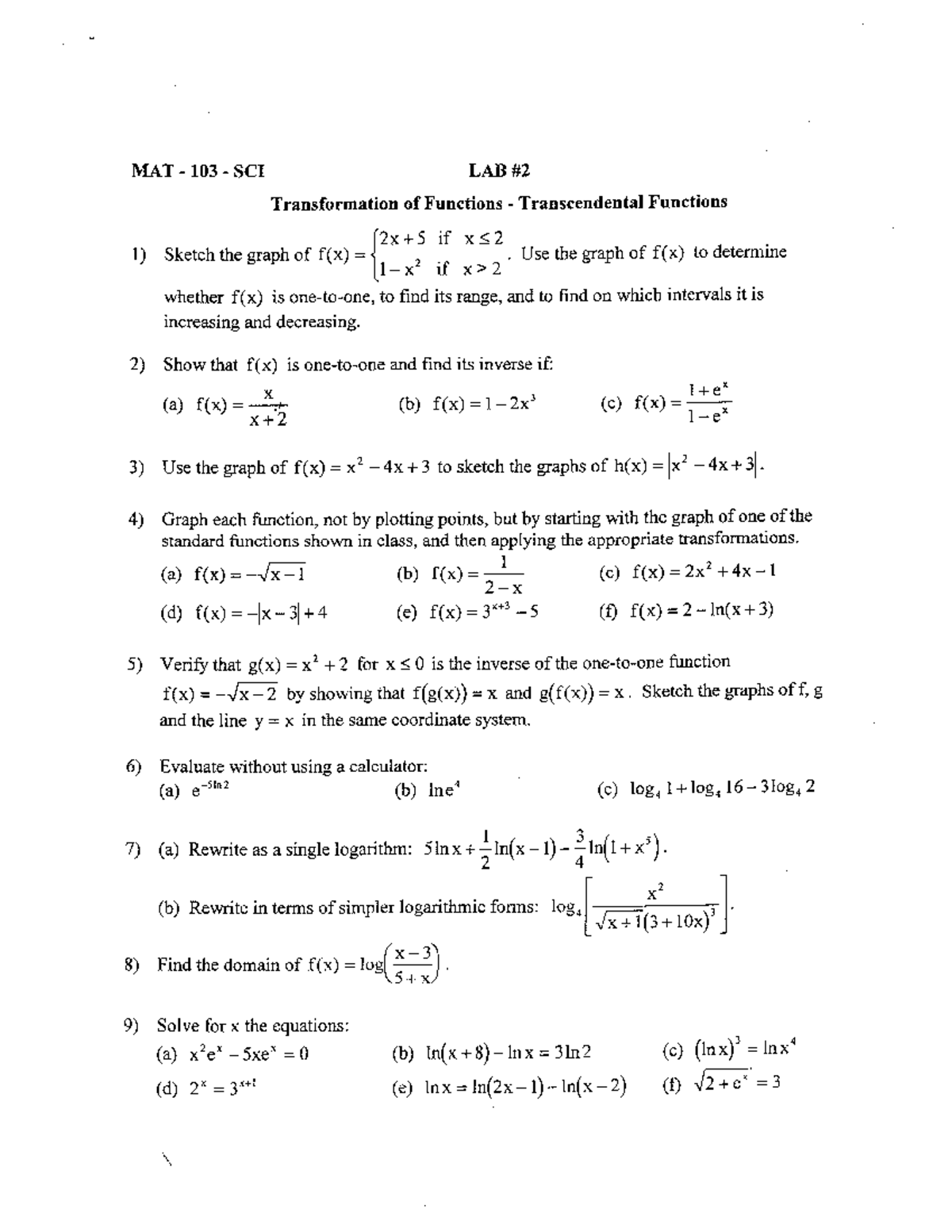 LAB#2 Transformation of Functions - Transcendental Functions - 300.A0 ...