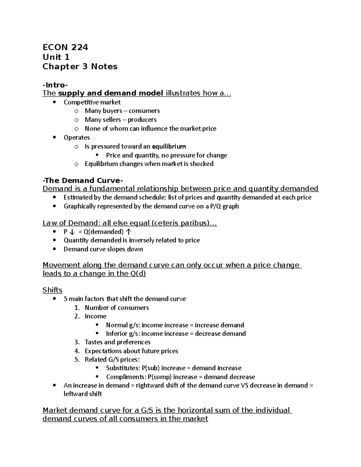 ECON 224 - Chapter 3 - Supply and Demand - ECON 224 Unit 1 Chapter 3 ...