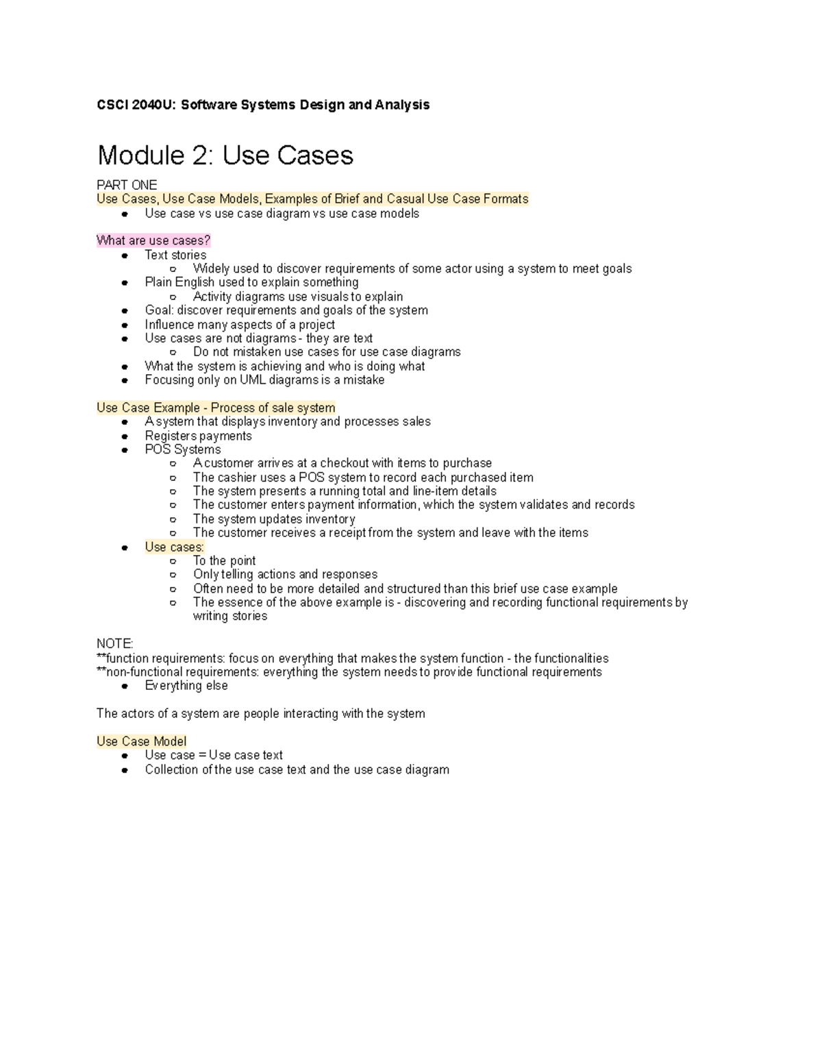 Csci 2040 Use Cases Lecture Notes 2 Csci 2040u Software Systems Design And Analysis