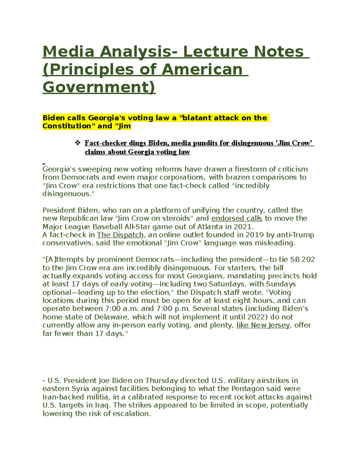 POL Notes 9-16 - Media Analysis- Lecture Notes (Principles of American ...