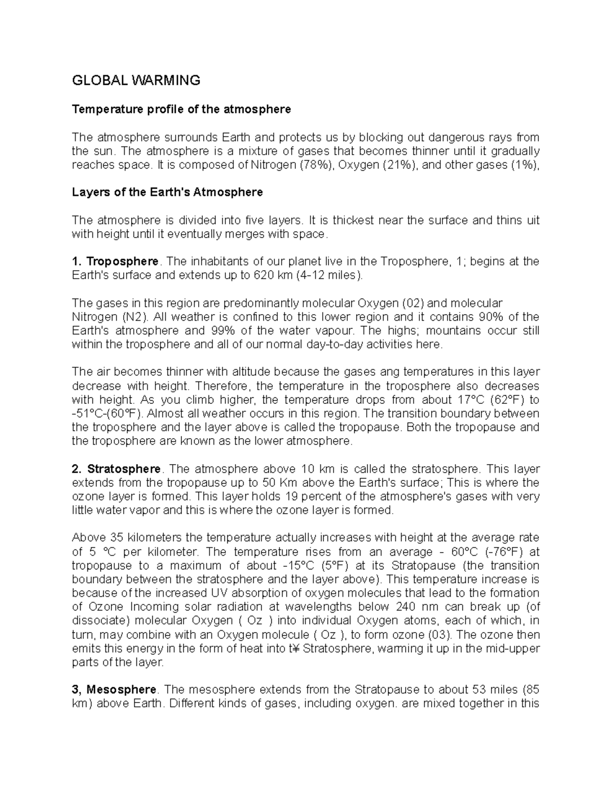 Chapter 4 Global Warming - GLOBAL WARMING Temperature profile of the ...