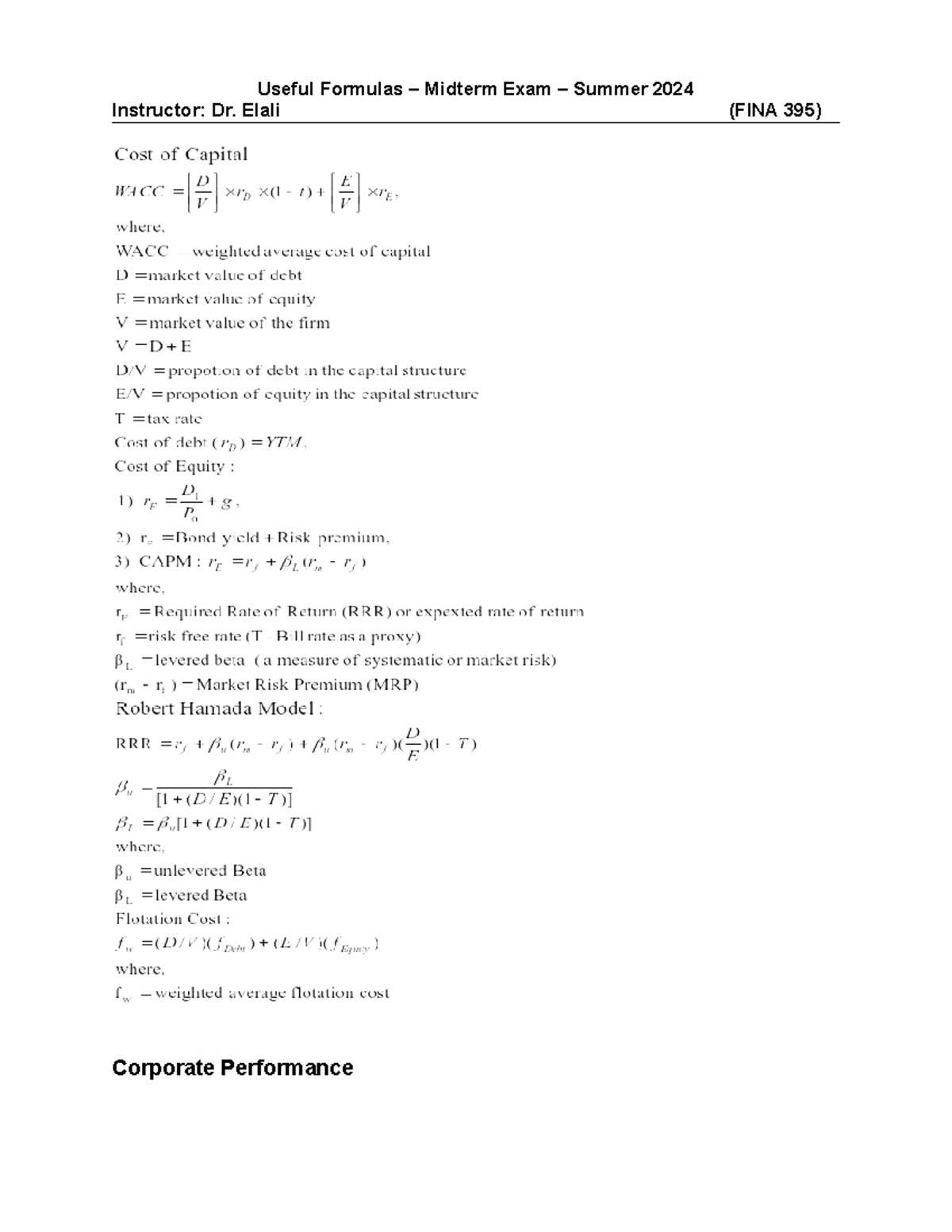 Midterm Formula Sheet - FINA 395 - Useful Formulas – Midterm Exam – Summer 2024 Instructor: Dr ...