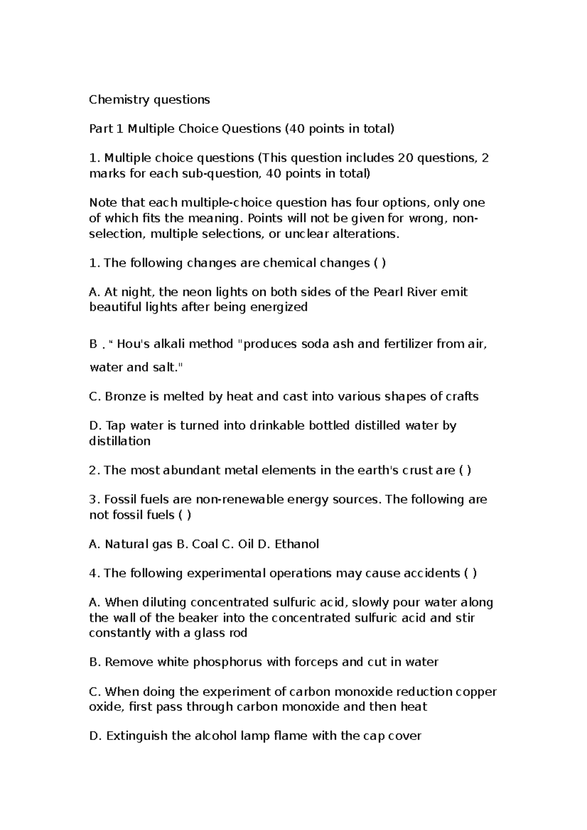 Chemistry questions CH151 - Chemistry questions Part 1 Multiple Choice ...