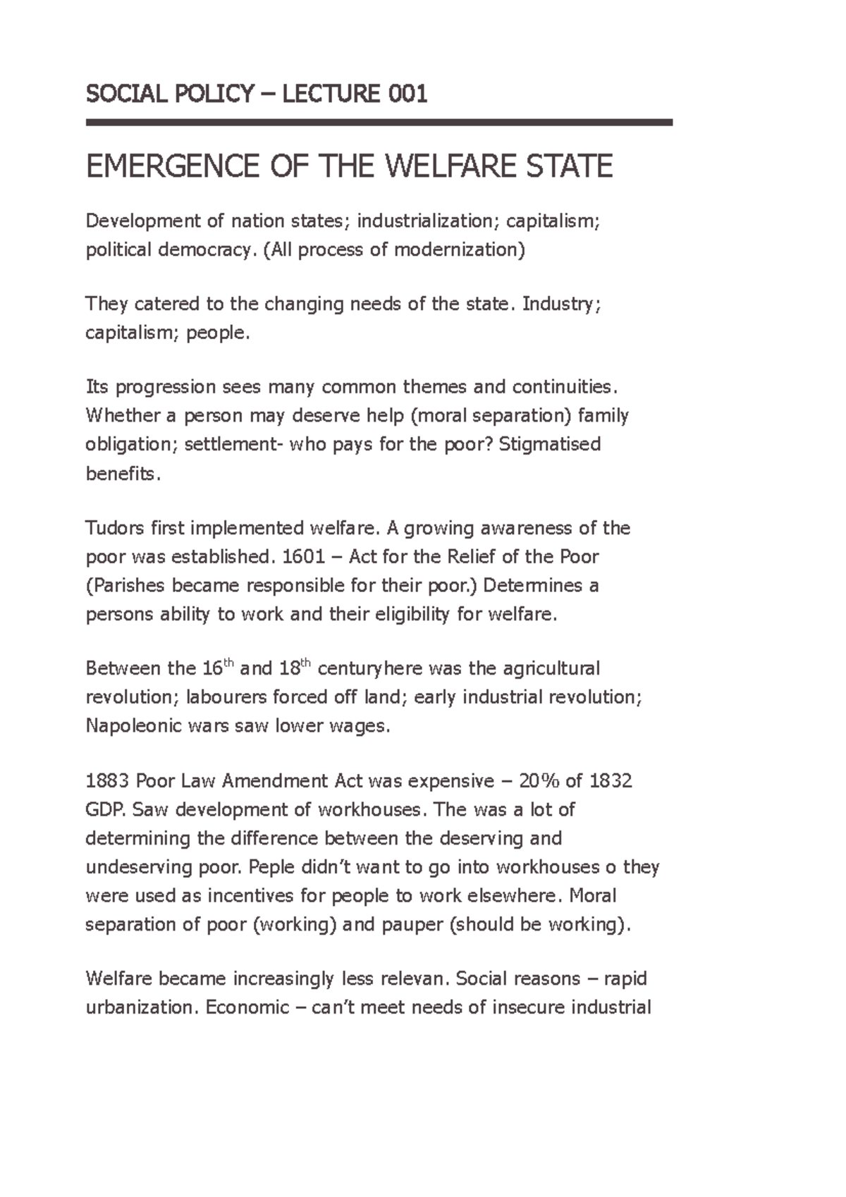 Emergence of Welfare state - SOCIAL POLICY – LECTURE 001 EMERGENCE OF ...