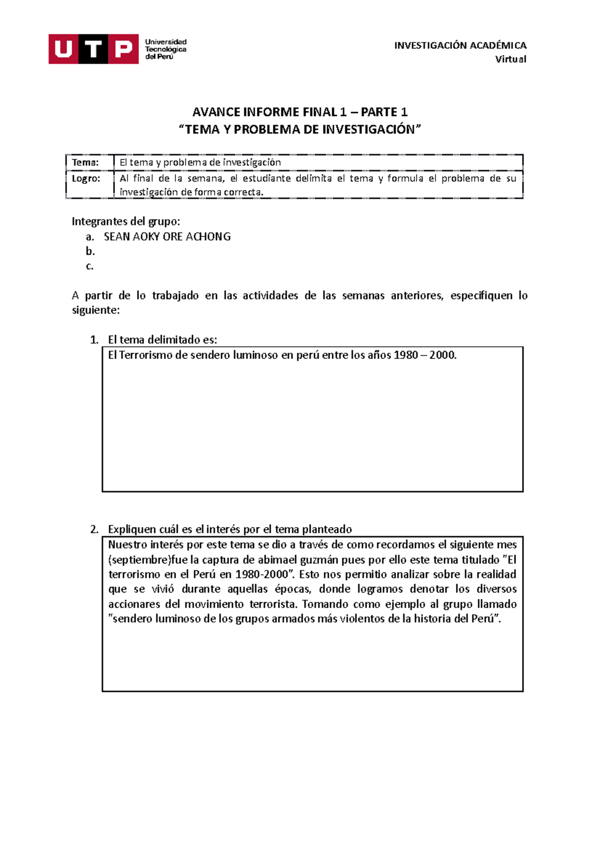 Grupo 1 - nbbbb - AVANCE INFORME FINAL 1 – PARTE 1 “TEMA Y PROBLEMA DE ...
