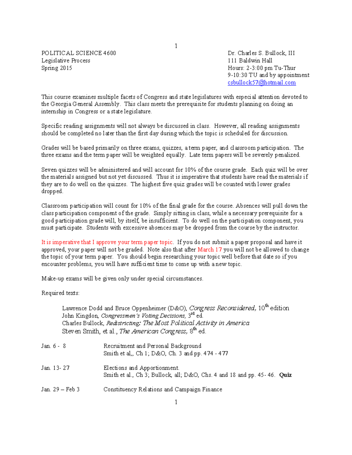 Bullock 4600spr15 - syllabus - 1 POLITICAL SCIENCE 4600 Dr. Charles S ...