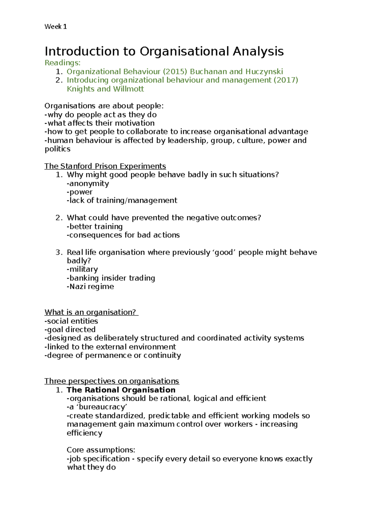 Week 1-Introduction - Notes - Introduction to Organisational Analysis ...