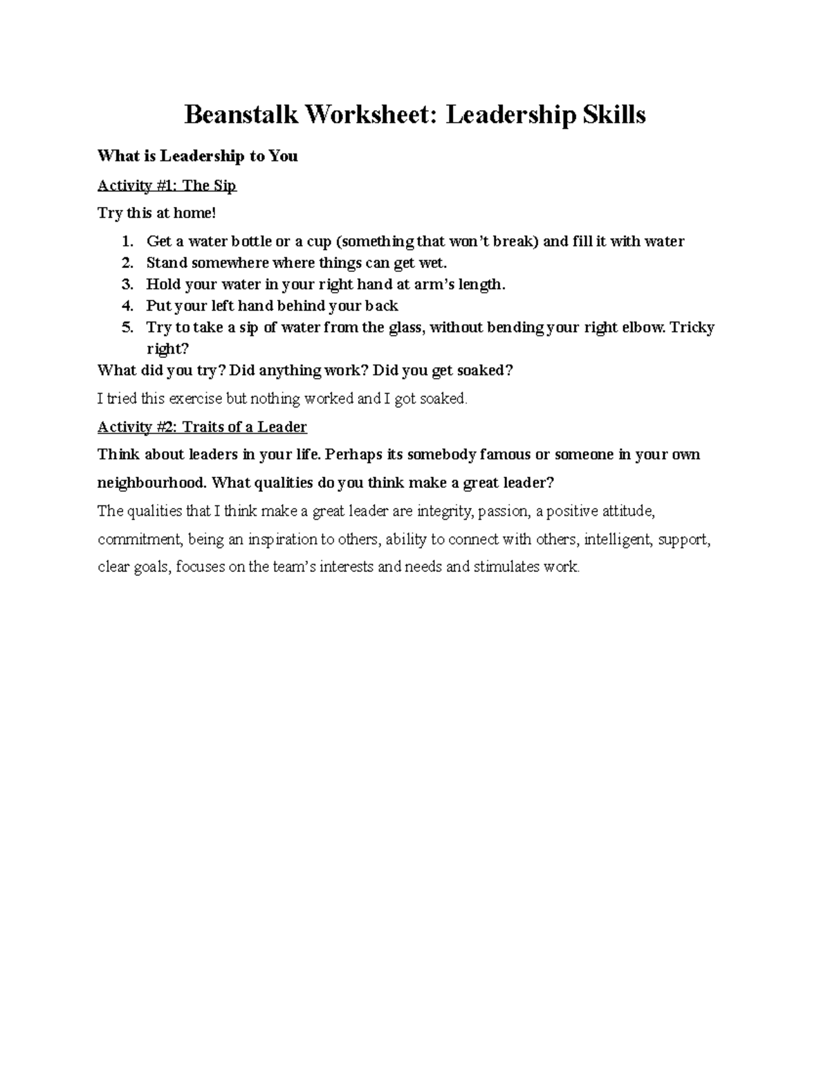 Leadership Skills - Beanstalk Worksheet Answers - Beanstalk Worksheet ...