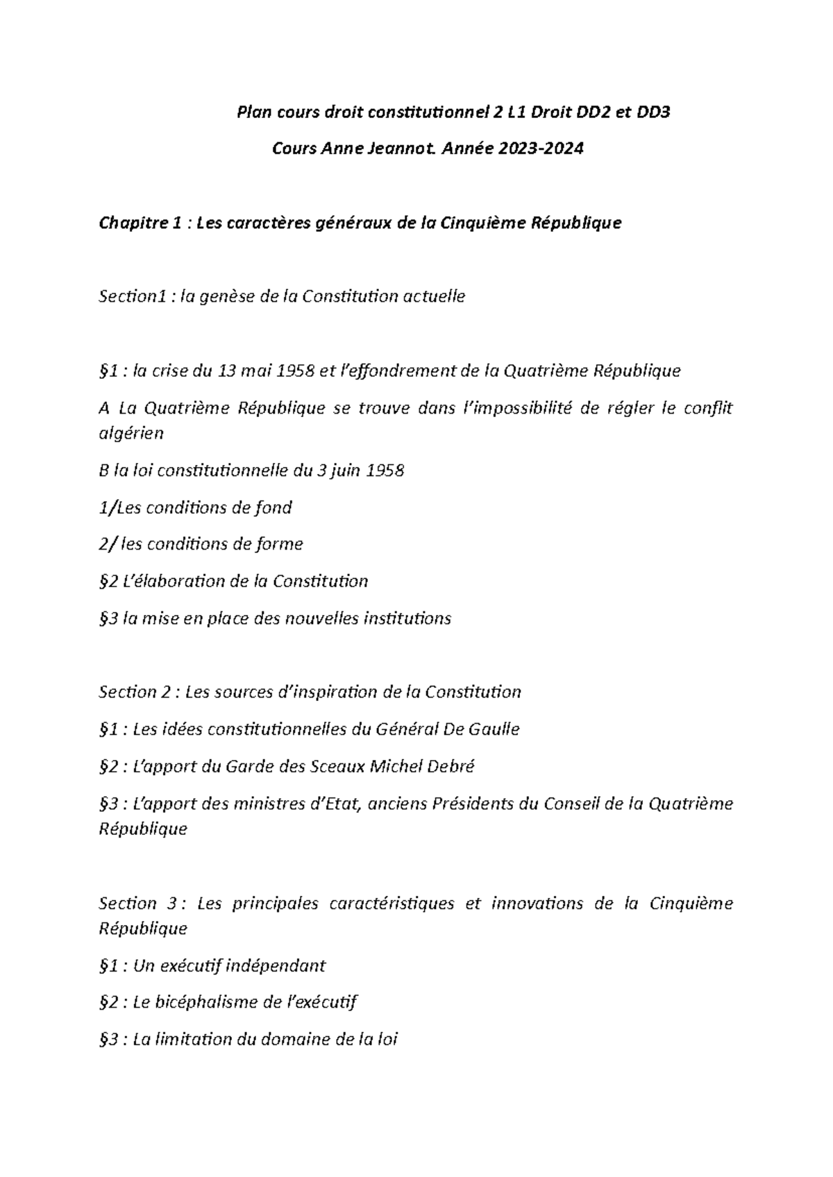 Plan cours droit constitutionnel 2 L1 Droit DD2 et DD3 - Année 202 3 - 2024 Chapitre 1 : Les ...