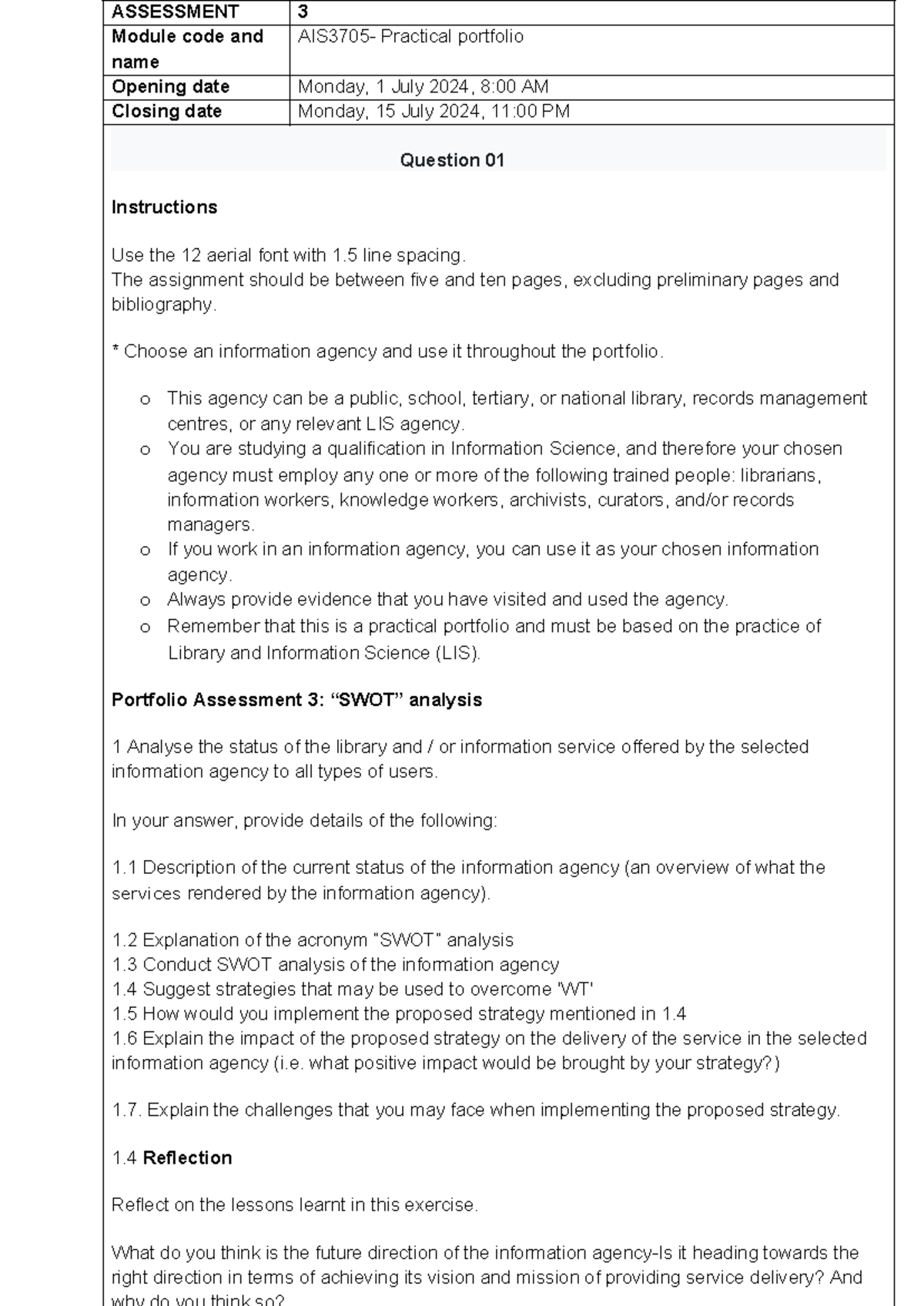 Assessment 03 - ASSESSMENT 3 Module code and name AIS3705- Practical ...