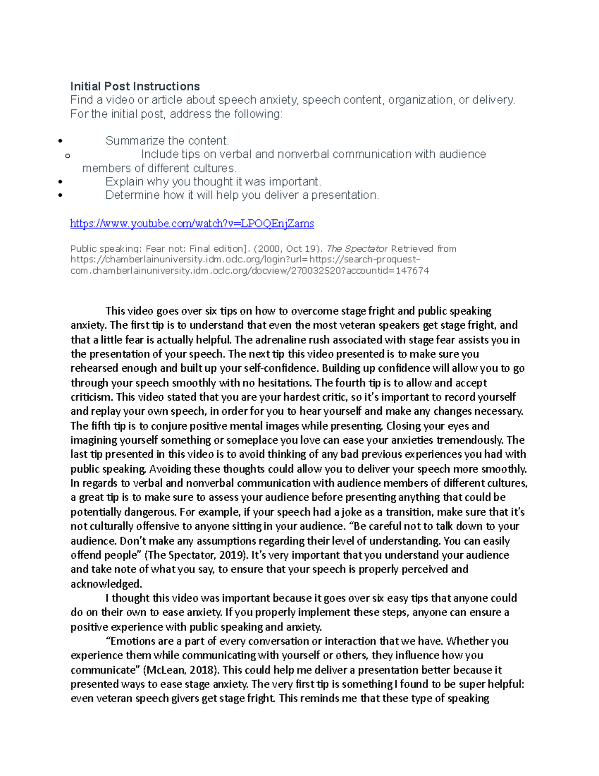 Discussion Post - Initial Post Instructions Find a video or article ...