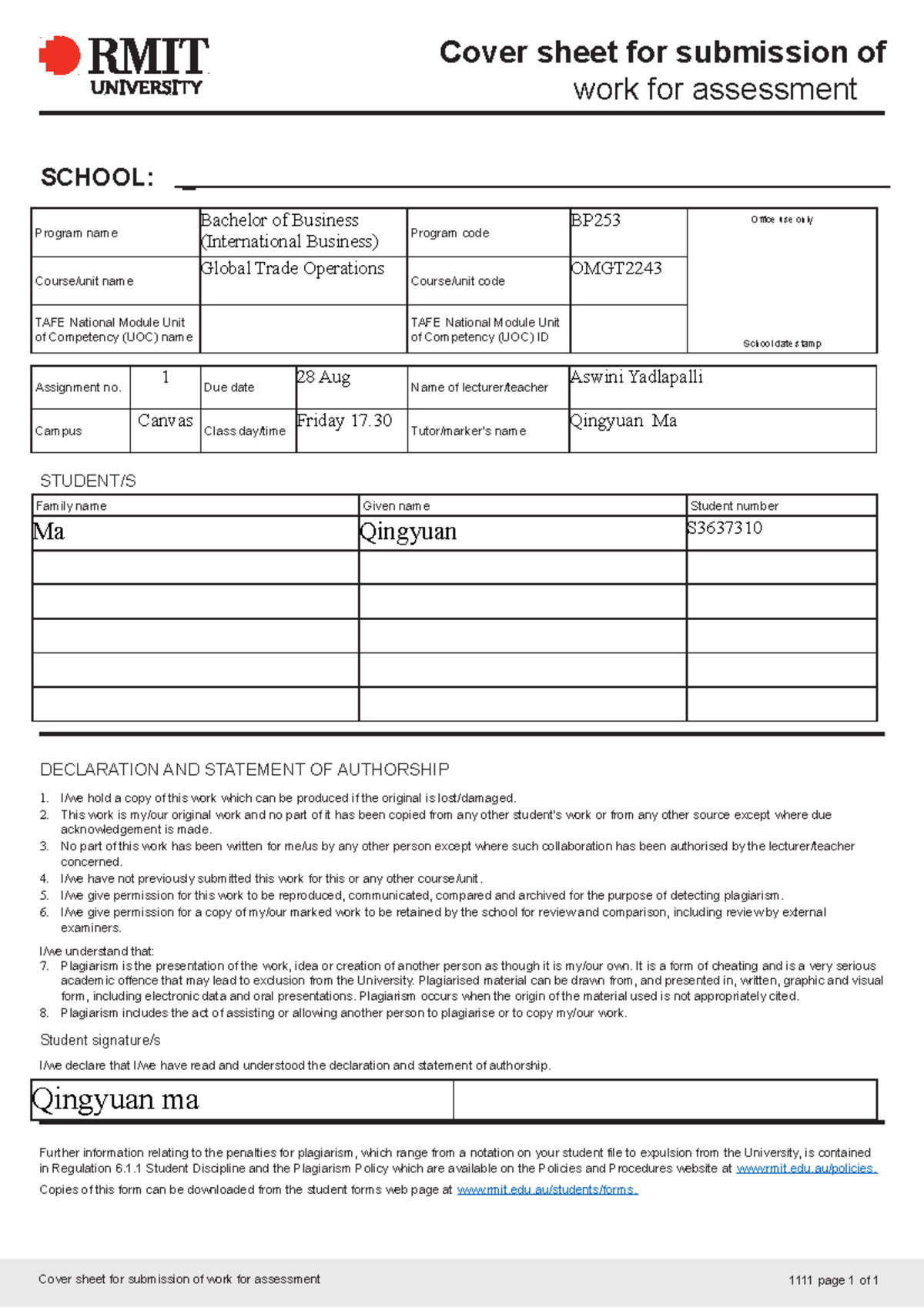 Qingyuan ma - Assignment 1 report - Cover sheet for submission of work ...