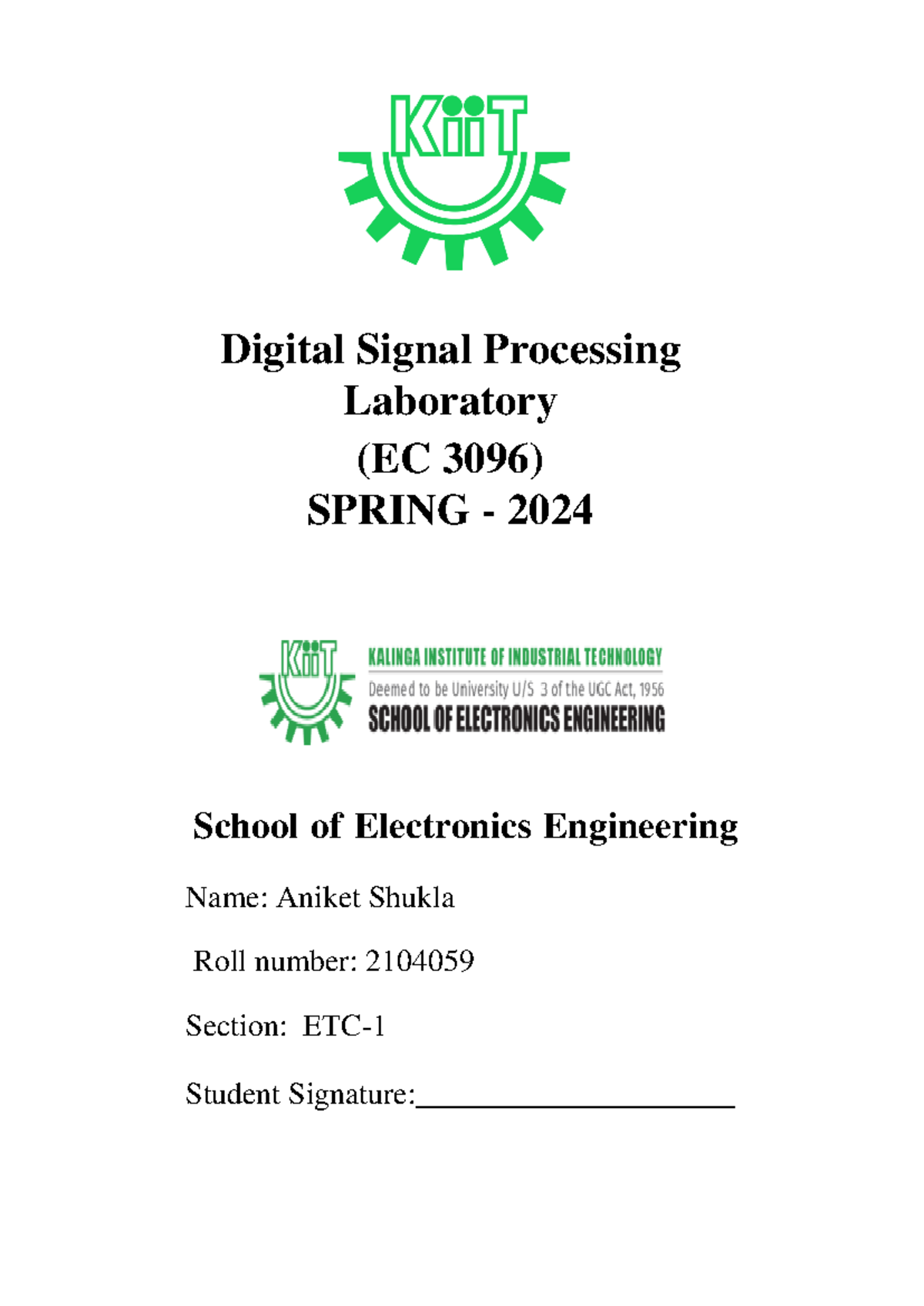 Dsp8 59 - DSP lab 5 - Digital Signal Processing Laboratory (EC 3096 ) SPRING - 2024 School of ...