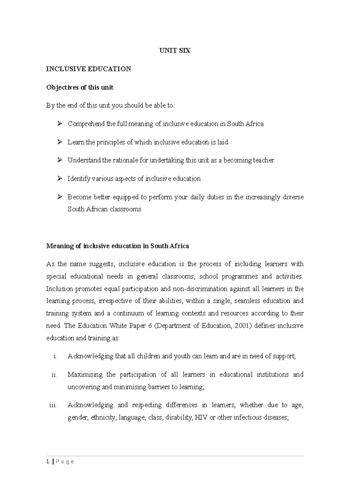 UNIT SIX - INCLUSIVE EDUCATION - UNIT SIX INCLUSIVE EDUCATION ...