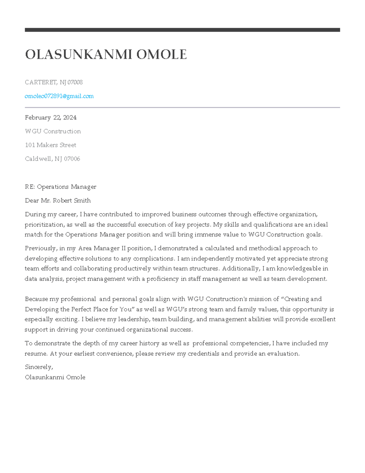 WGU cover letter - OLASUNKANMI OMOLE CARTERET, NJ 07008 omoleo072891 ...