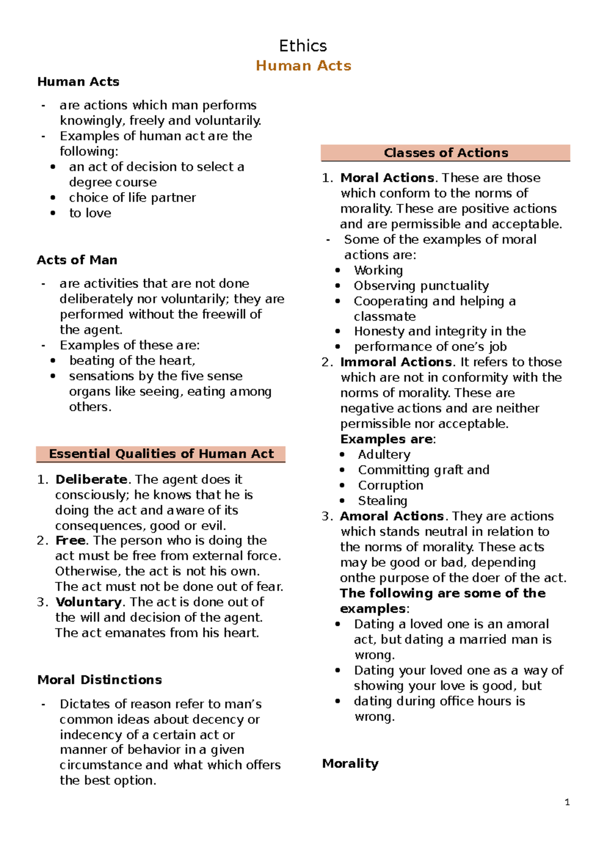 Human Acts - ethics - Ethics Human Acts Human Acts - are actions which ...