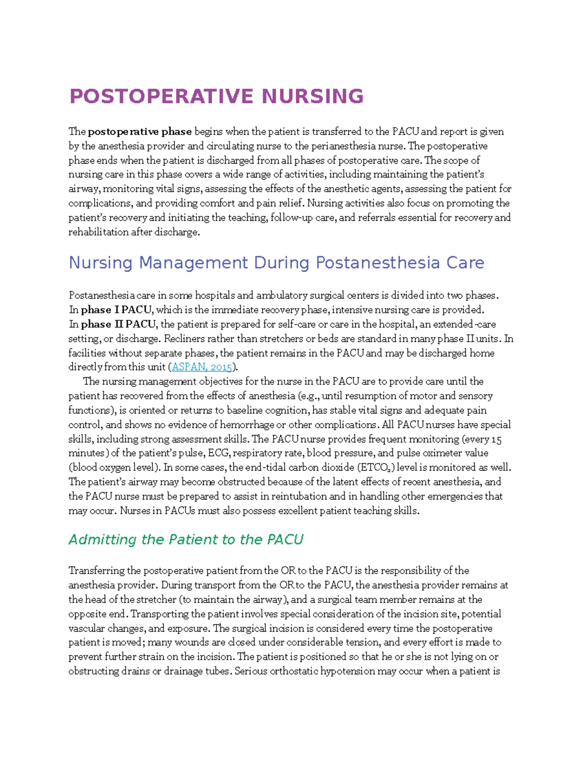 Postoperative Nursing - POSTOPERATIVE NURSING The postoperative phase ...
