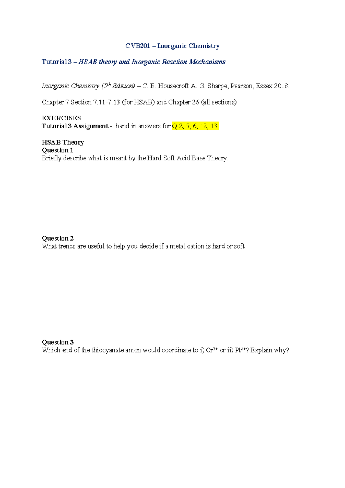 Hsabrxn Mech Tutorial - CVB201 – Inorganic Chemistry Tutorial 3 – HSAB theory and Inorganic ...
