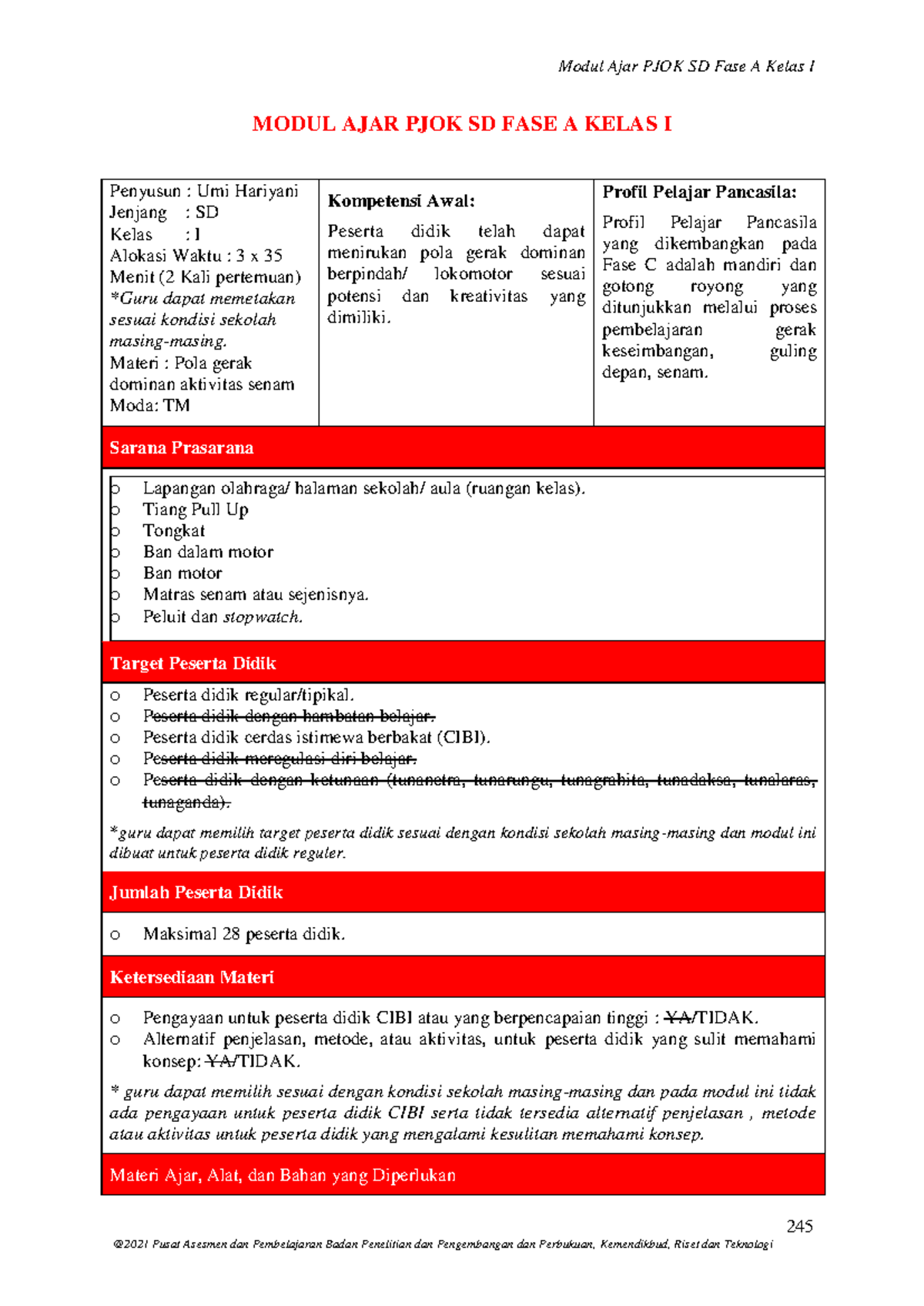 12. Contoh Modul AJAR PJOK SD FASE A Kelas I 05 - 245 MODUL AJAR PJOK SD FASE A KELAS I Penyusun ...