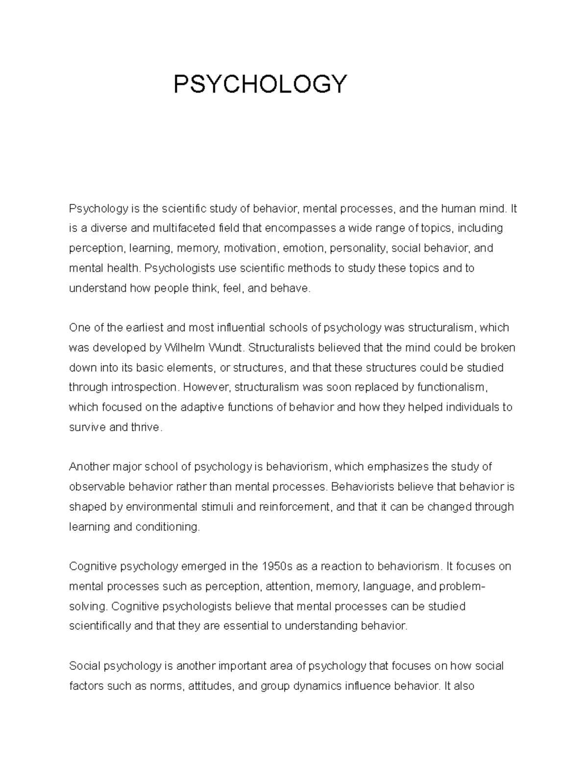 Psychology The Introduction W09 - PSYCHOLOGY Psychology is the ...