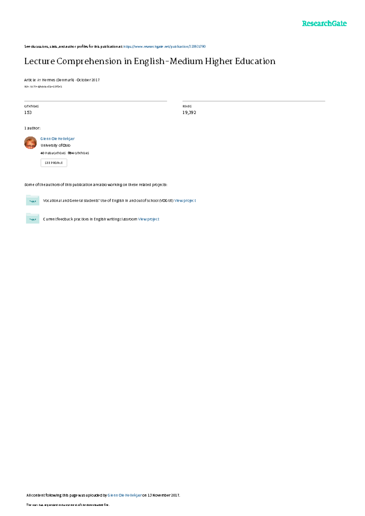 Lecture Comprehension in English-Medium Higher Edu - See discussions ...