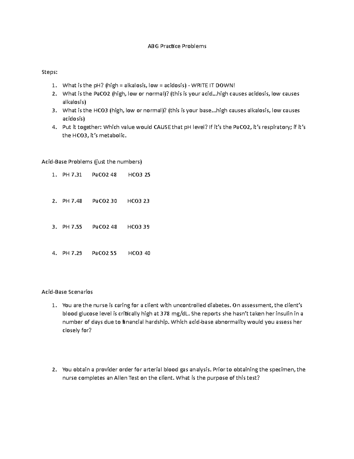 ABG Practice Problems - ABG Practice Problems Steps: What is the pH ...