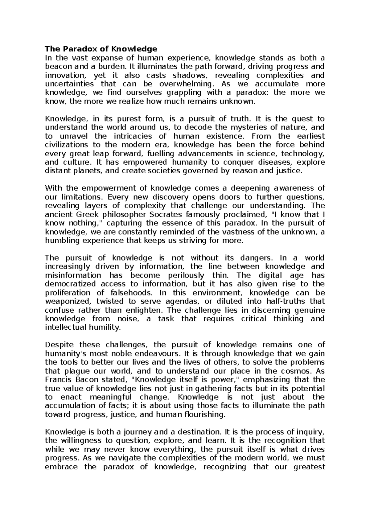 Knowledge - The Paradox of Knowledge In the vast expanse of human ...