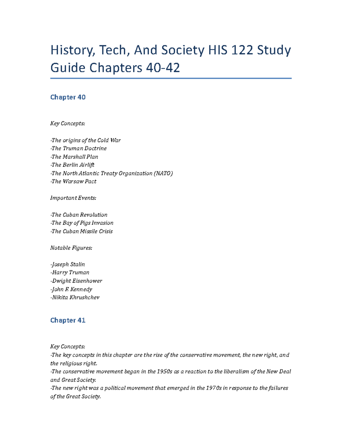 History, Tech, And Society HIS 122 Study Guide Chapters 40-42 - Kennedy -Nikita Khrushchev ...