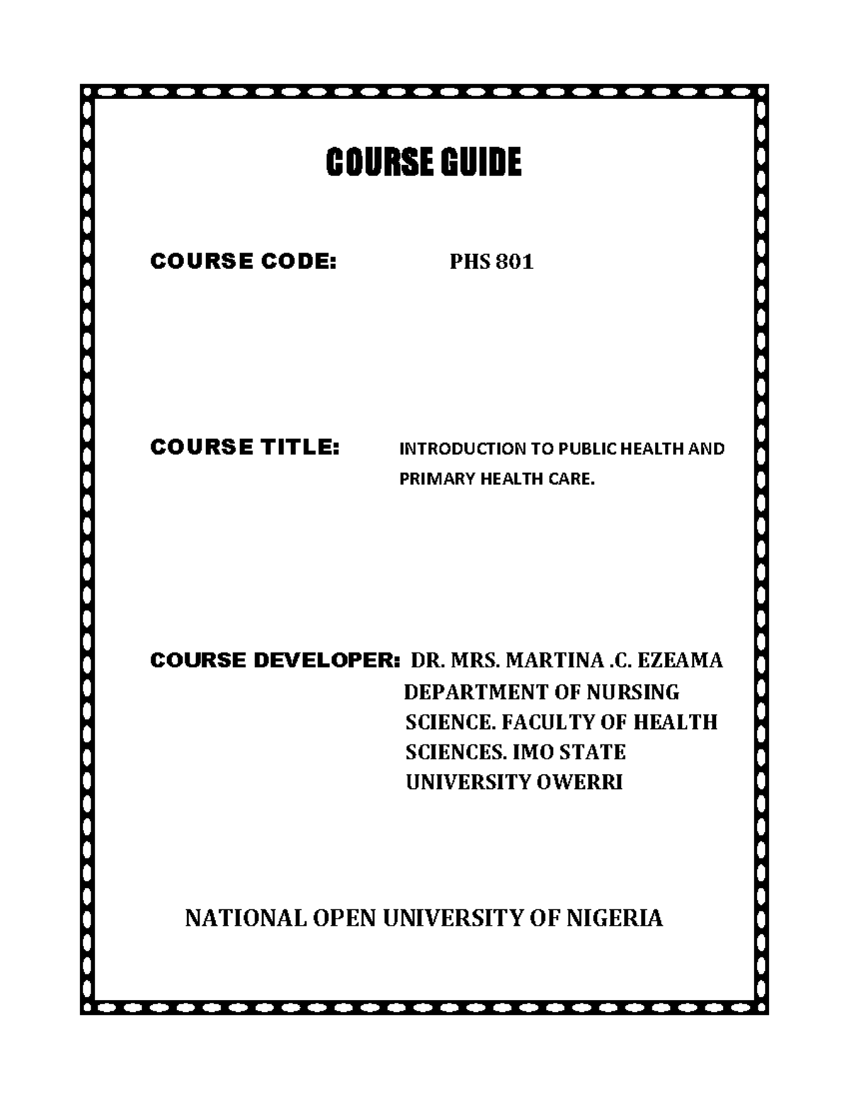 PHS 801 Introduction TO Public Health AND Primary Health CARE - COURSE ...