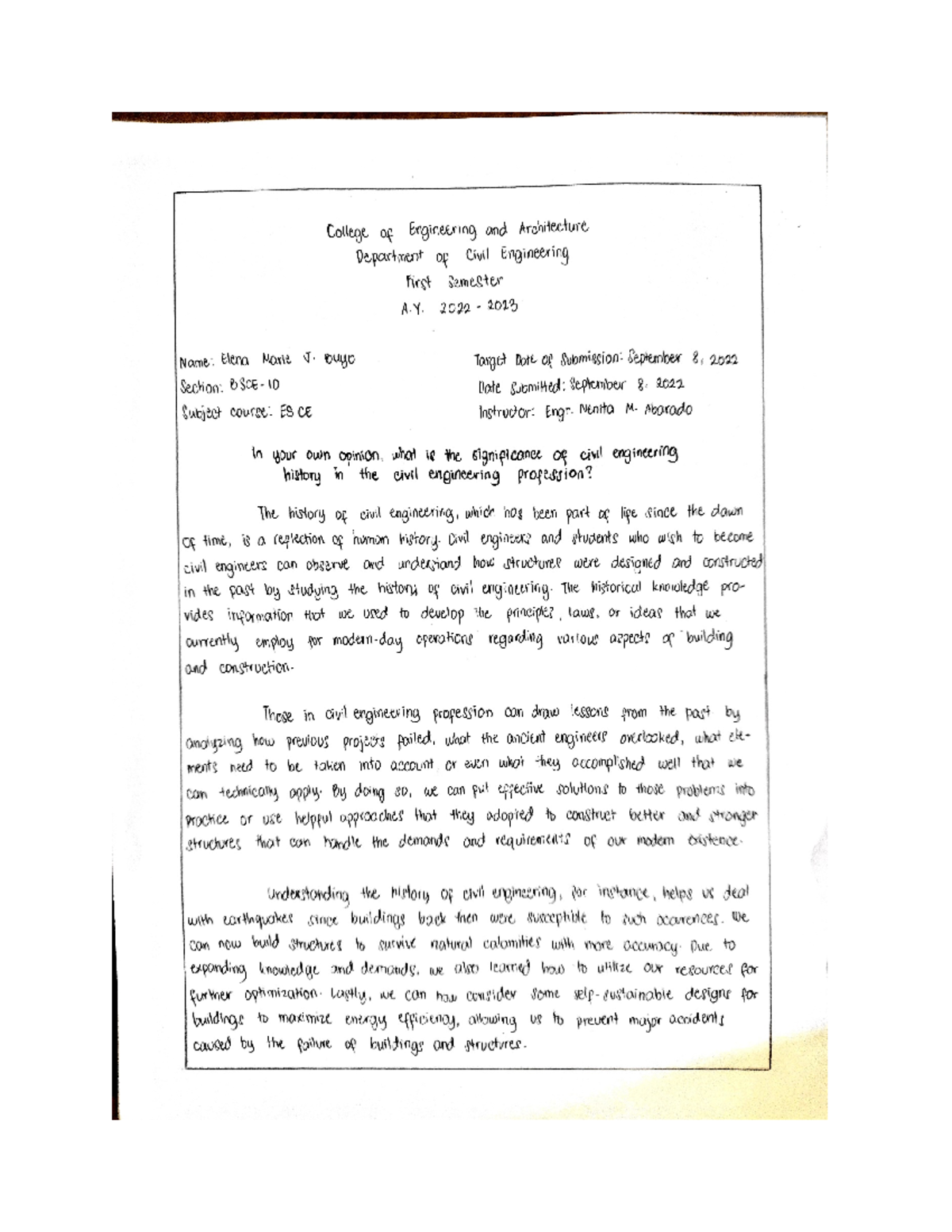 ESCE L1 Essay Buyo Elena Marie BSCE-1D - Civil engineer - Studocu