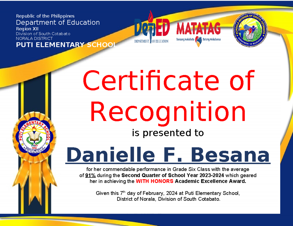 Honor CARD 2023 - Certificate of Recognition is presented to Danielle F ...