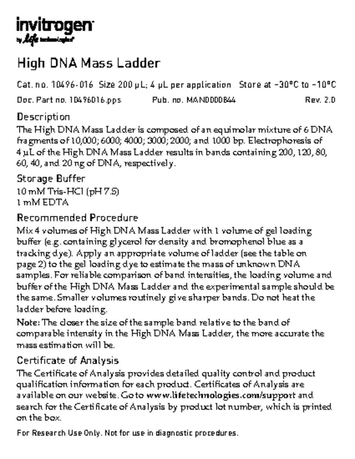High DNAMass Ladder man-2 - High DNA Mass Ladder Cat. no. 10496-016 ...