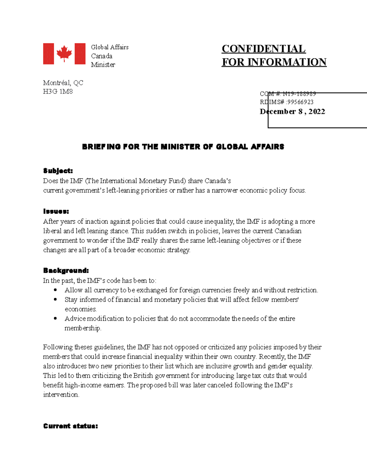 Briefing note 2 - Global Affairs Canada Minister Montréal, QC H3G 1M ...