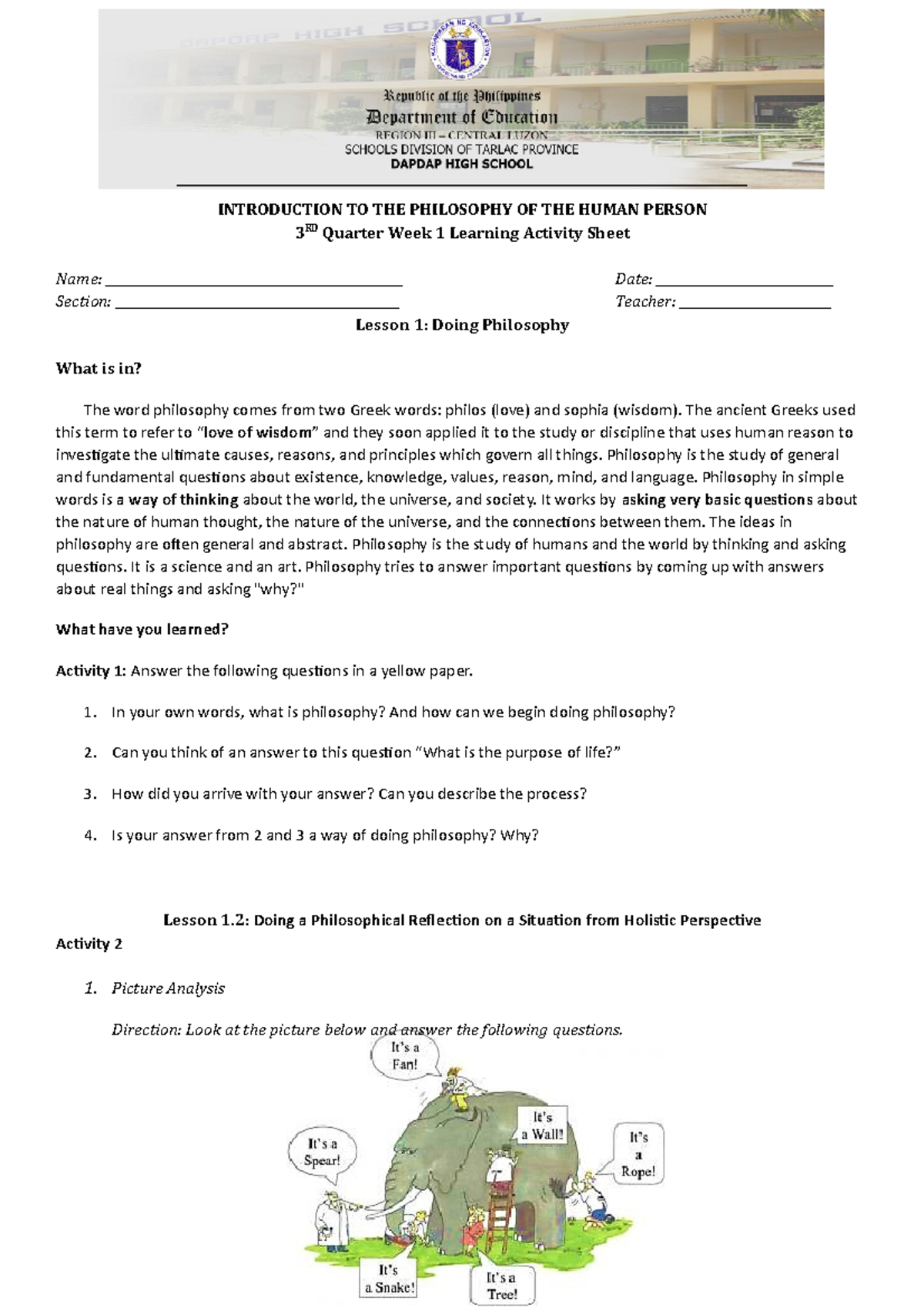 LAS Q3 WEEK 1 Introduction TO Human Philo CGF - INTRODUCTION TO THE ...