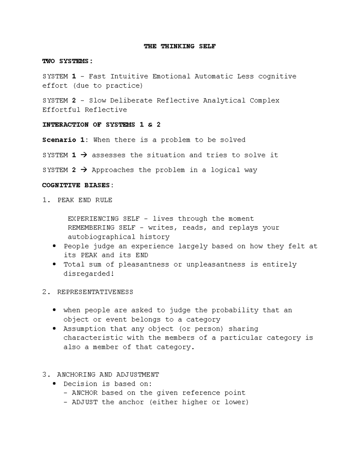 UNDERSTANDING THE SELF NOTES - THE THINKING SELF TWO SYSTEMS: SYSTEM 1 ...