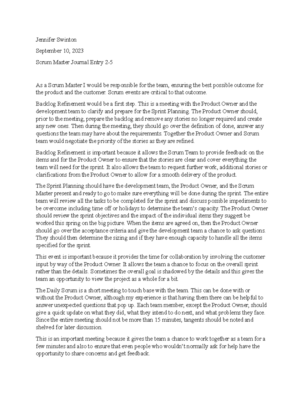 Module Two Journal - Jennifer Swinton September 10, 2023 Scrum Master ...