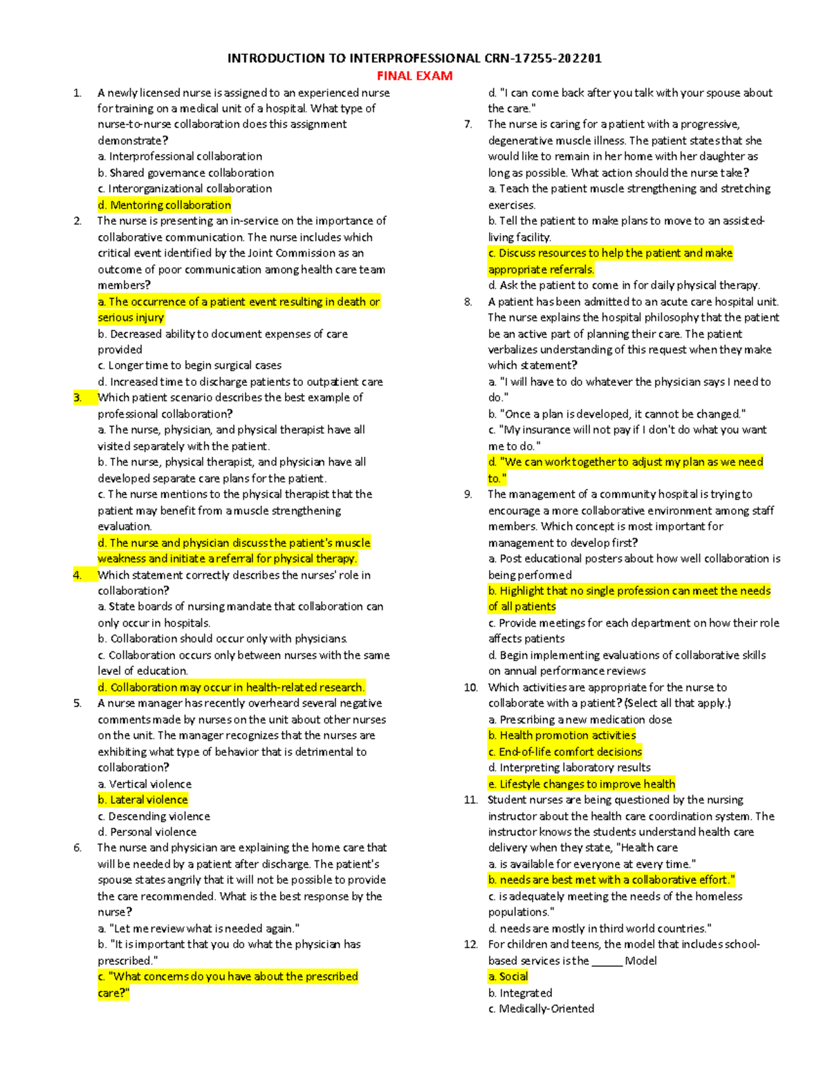 Final EXAM IPC - INTRODUCTION TO INTERPROFESSIONAL CRN-17255- FINAL ...