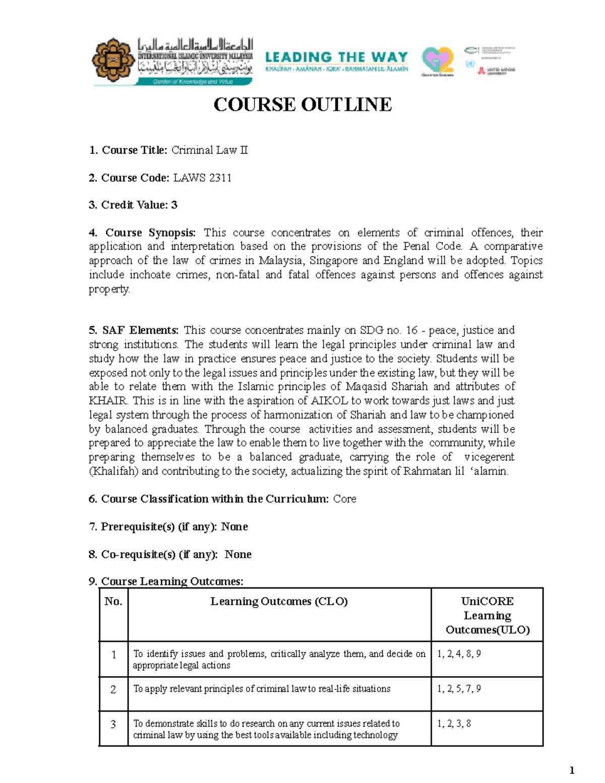 Criminal II Course Outline - COURSE OUTLINE 1. Course Title: Criminal Law II 2. Course Code ...