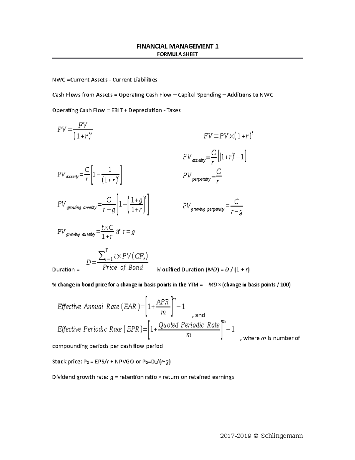 Formula 1 - FINANCIAL MANAGEMENT 1 FORMULA SHEET NWC =Current Assets ...