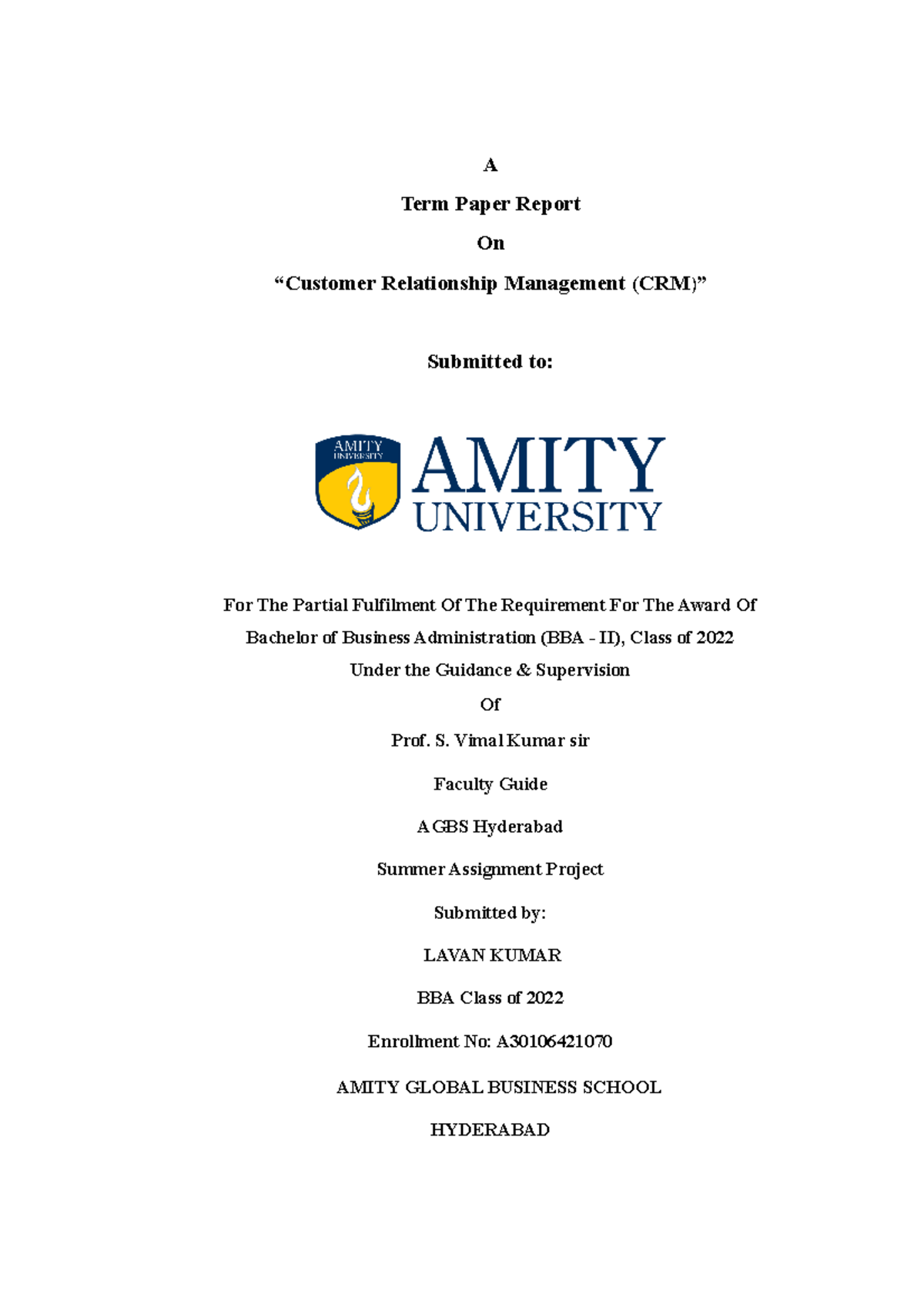 BBAll lavan final submission - A Term Paper Report On “Customer Relationship Management (CRM ...