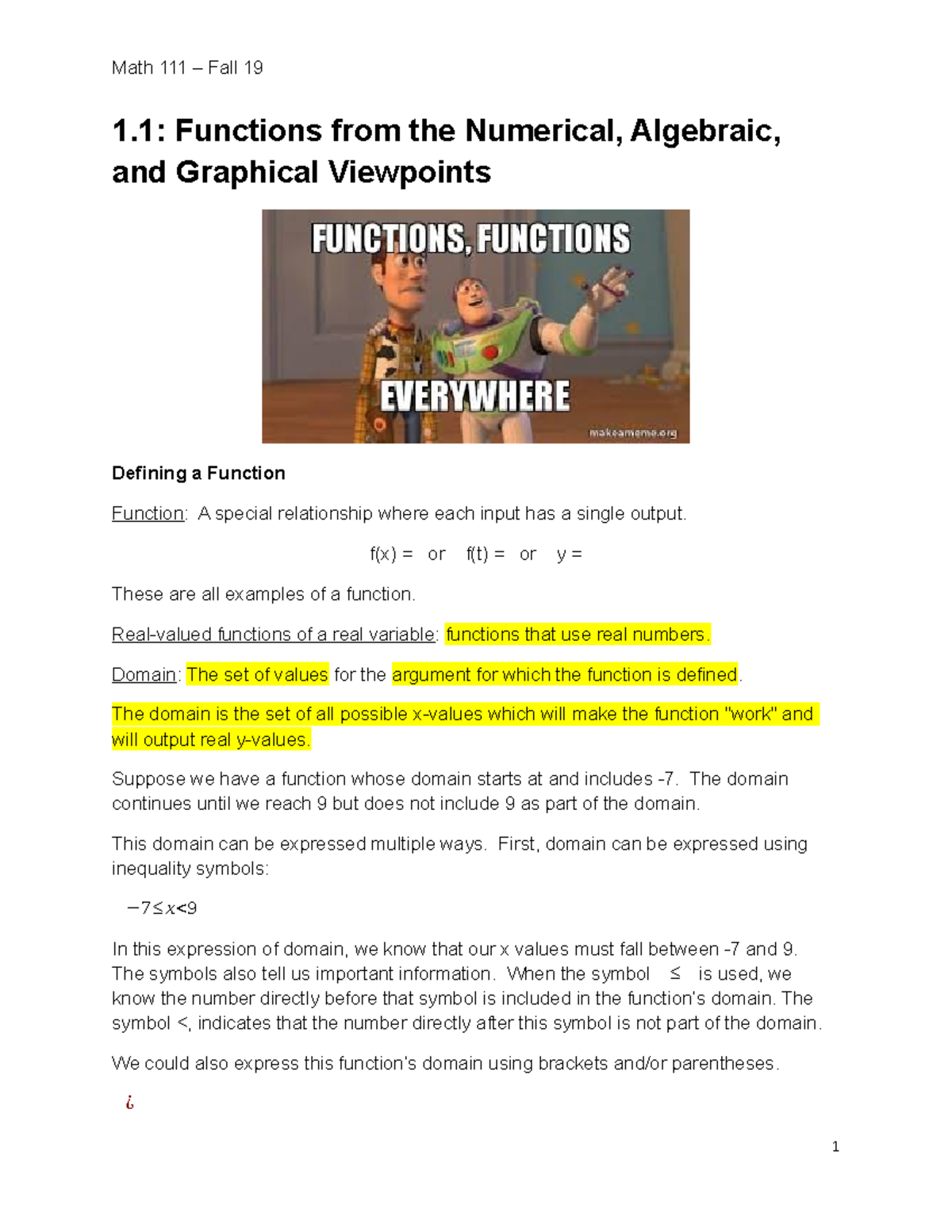 MAT 111 - Chapter 1-1 Notes - 1: Functions from the Numerical ...