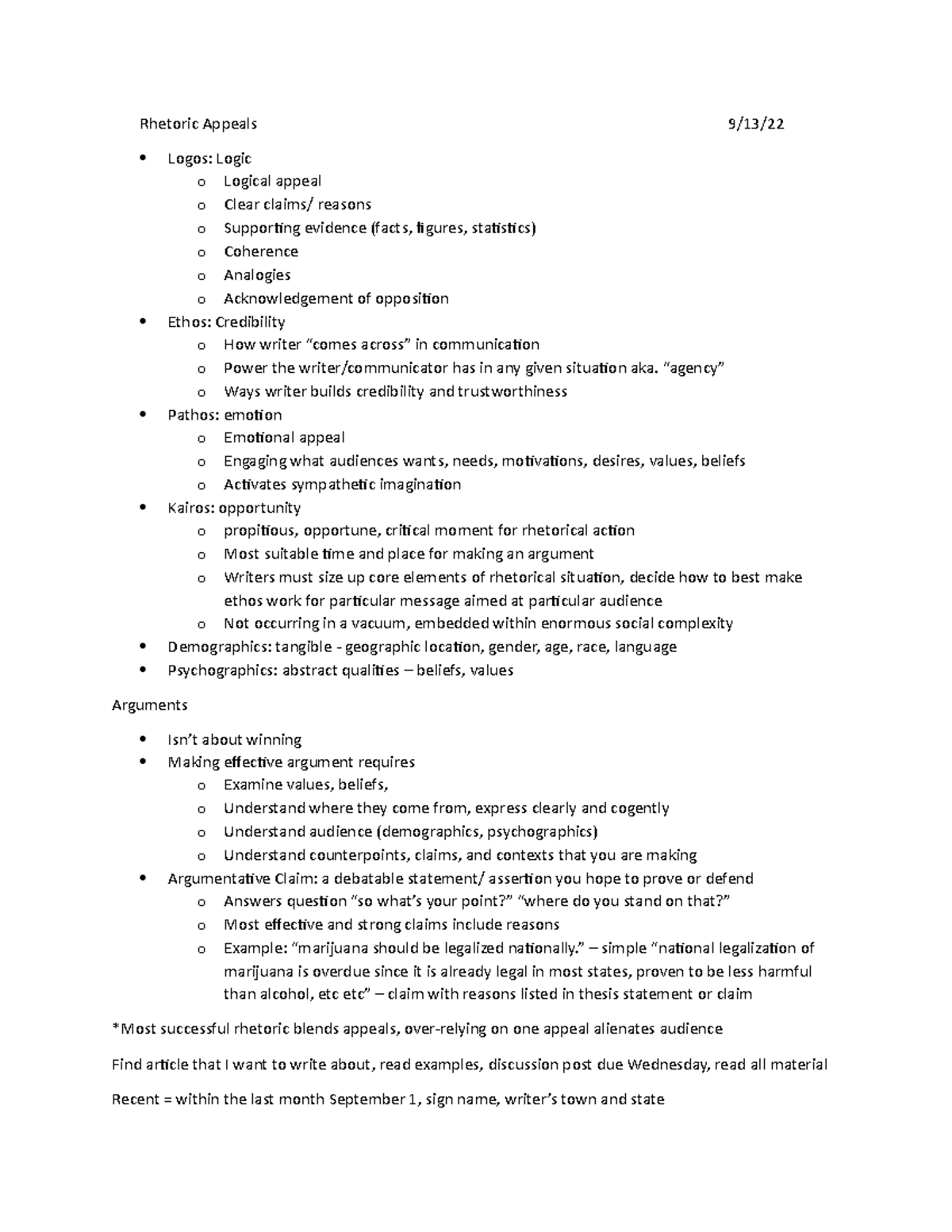 Writing 201 class and lecture notes - Rhetoric Appeals 9/13/ Logos ...