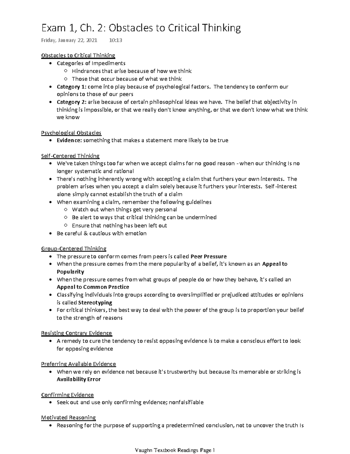 Exam 1, Ch. 2 Obstacles to Critical Thinking - Obstacles to Critical ...
