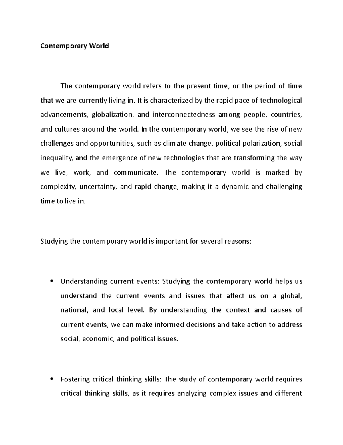 Contemporary World - Contemporary World The contemporary world refers ...